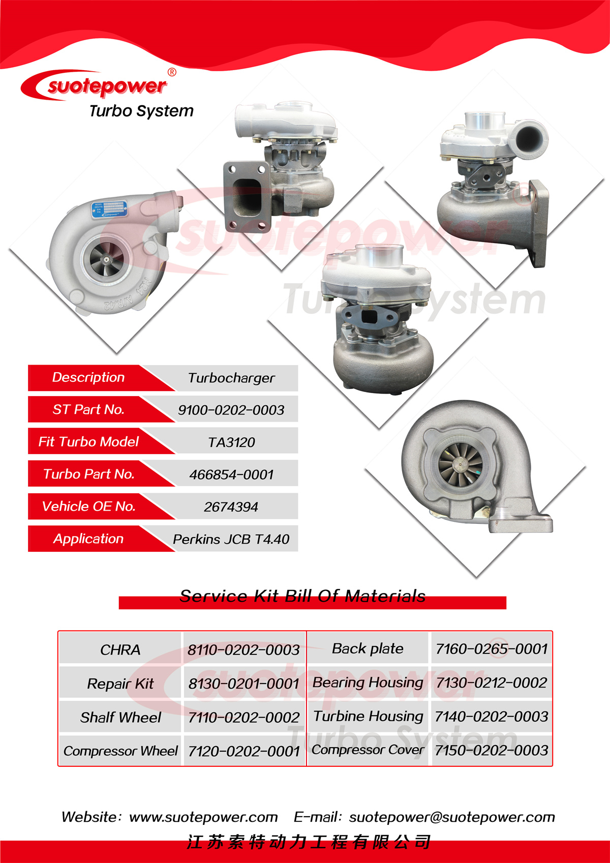 9100-0202-0003 TA3120 466854-0001 2674394 2674A394 PERKINS JCB T4.40 ...